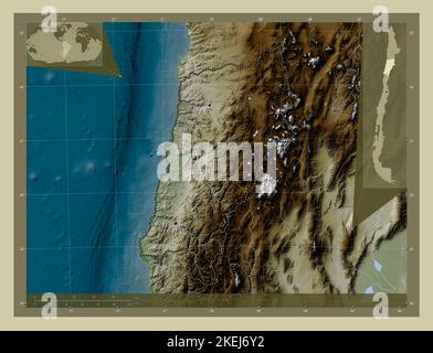 Atacama, region of Chile. Colored elevation map with lakes and rivers ...