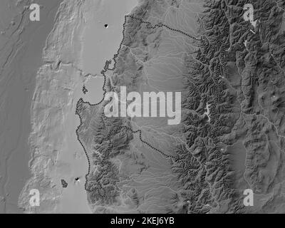 Bio-Bio, region of Chile. Grayscale elevation map with lakes and rivers ...
