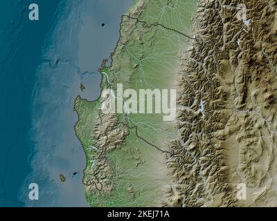 Bio-Bio, region of Chile. Colored elevation map with lakes and rivers ...