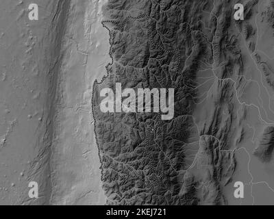 Coquimbo, region of Chile. Grayscale elevation map with lakes and ...