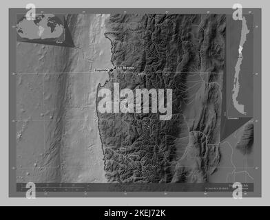 Coquimbo, region of Chile. Grayscale elevation map with lakes and ...