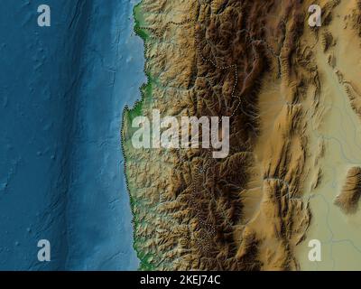 Coquimbo, region of Chile. Colored elevation map with lakes and rivers ...