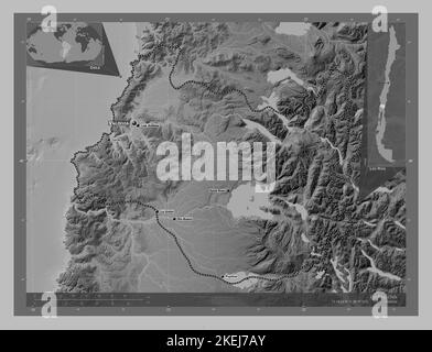 Los Rios, region of Chile. Grayscale elevation map with lakes and ...