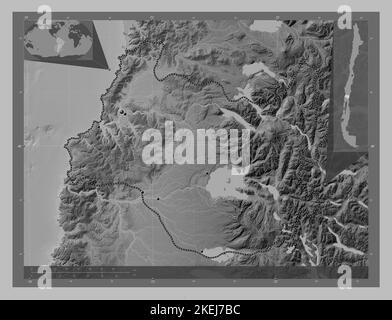 Los Rios, region of Chile. Grayscale elevation map with lakes and ...