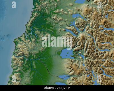 Los Rios, region of Chile. Colored elevation map with lakes and rivers ...