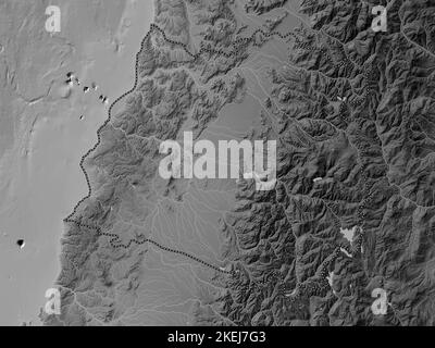 Maule, region of Chile. Grayscale elevation map with lakes and rivers ...