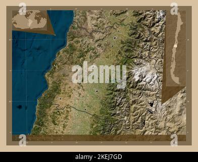 Maule, region of Chile. Low resolution satellite map. Corner auxiliary ...