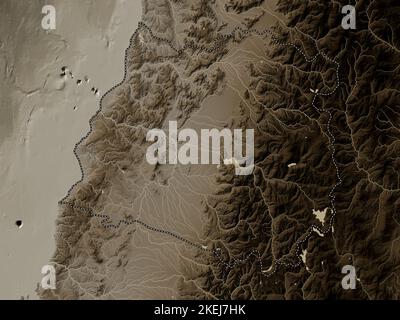Maule, region of Chile. Colored elevation map with lakes and rivers ...