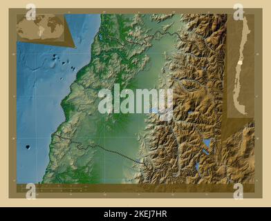 Maule, region of Chile. Colored elevation map with lakes and rivers ...