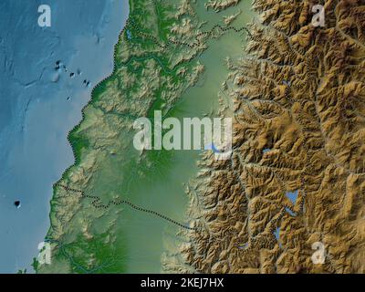 Maule, region of Chile. Colored elevation map with lakes and rivers ...
