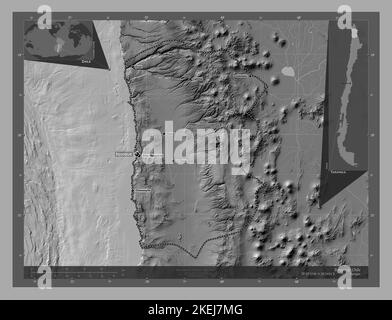 Tarapaca, region of Chile. Bilevel elevation map with lakes and rivers ...