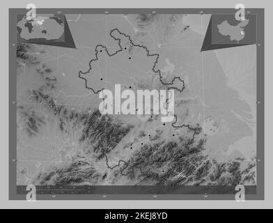 Anhui, province of China. Grayscale elevation map with lakes and rivers ...