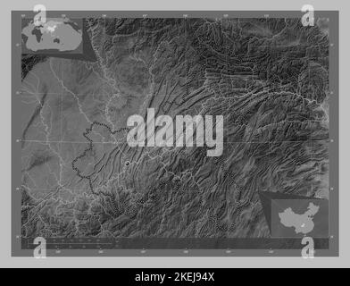 Chongqing, municipality of China. Grayscale elevation map with lakes ...