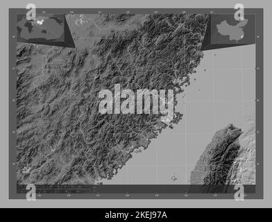 Fujian, province of China. Bilevel elevation map with lakes and rivers. Locations and names of ...