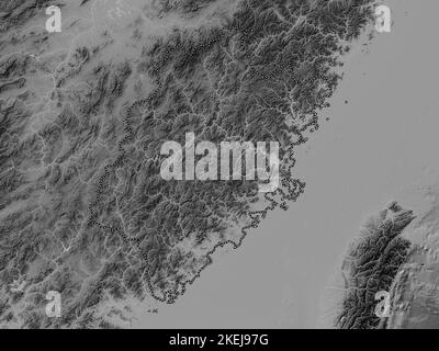 Fujian, province of China. Grayscale elevation map with lakes and ...