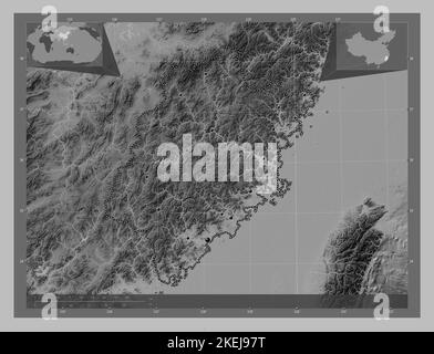 Fujian, province of China. Grayscale elevation map with lakes and ...