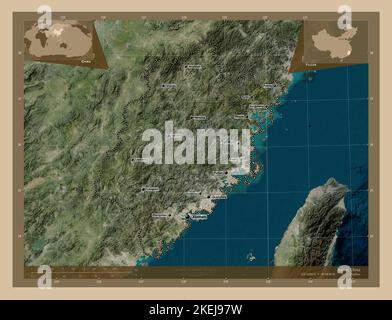 Fujian, province of China. Low resolution satellite map. Locations of ...
