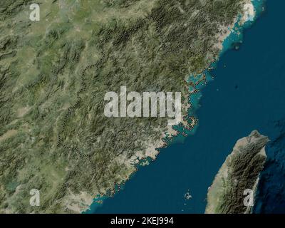 Fujian, province of China. Low resolution satellite map. Locations and ...