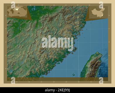 Fujian, province of China. Elevation map colored in wiki style with ...