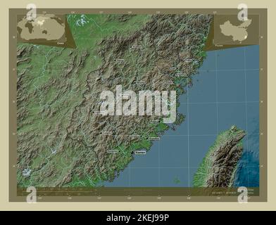 Fujian, province of China. Colored elevation map with lakes and rivers ...