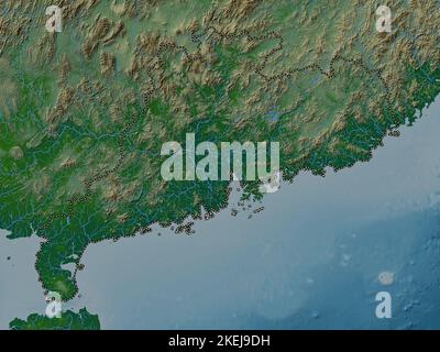 Guangdong, province of China. Colored elevation map with lakes and ...