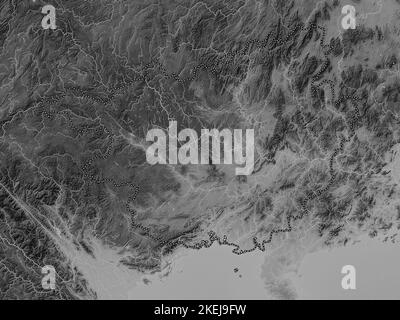 Guangxi, autonomous region of China. Grayscale elevation map with lakes ...
