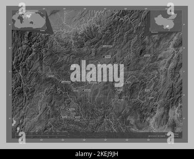 Guizhou, province of China. Grayscale elevation map with lakes and ...