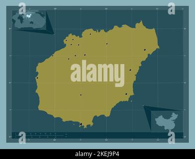 Hainan, province of China. Solid color shape. Locations and names of ...