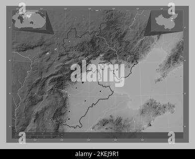 Hebei, province of China. Grayscale elevation map with lakes and rivers ...