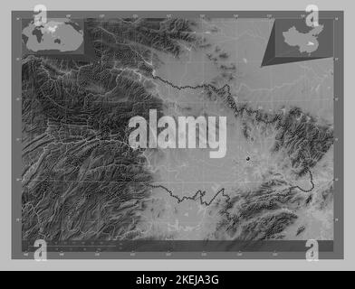 Hubei, province of China. Grayscale elevation map with lakes and rivers ...
