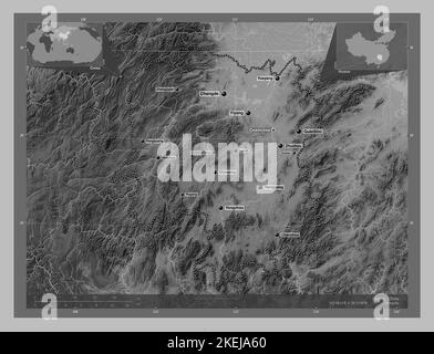 Hunan, province of China. Grayscale elevation map with lakes and rivers ...
