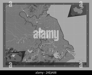 Jiangsu, province of China. Bilevel elevation map with lakes and rivers ...