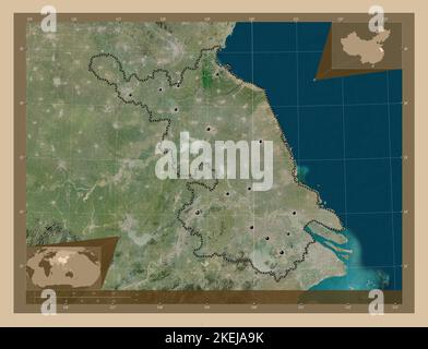 Jiangsu, province of China. Low resolution satellite map. Locations and ...