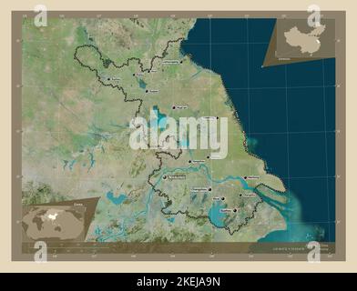 Jiangsu, province of China. High resolution satellite map. Locations of ...