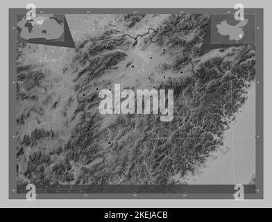 Jiangxi, province of China. Grayscale elevation map with lakes and ...