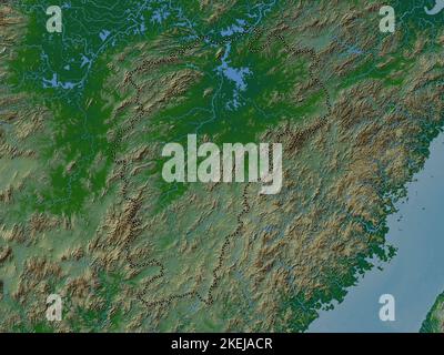 Jiangxi, province of China. Colored elevation map with lakes and rivers ...