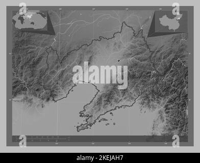 Liaoning, province of China. Grayscale elevation map with lakes and ...