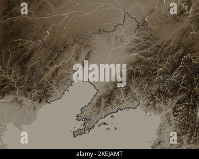 Liaoning, province of China. Elevation map colored in sepia tones with ...