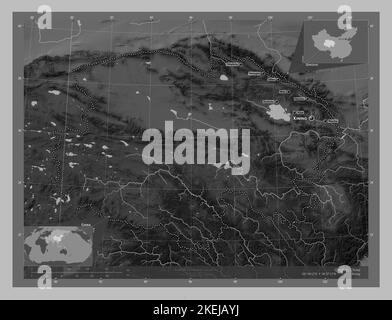 Qinghai, province of China. Grayscale elevation map with lakes and ...