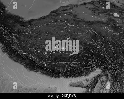Xizang, autonomous region of China. Grayscale elevation map with lakes ...