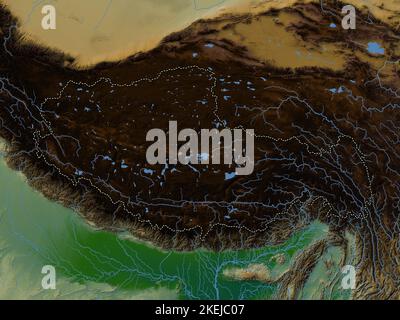 Xizang, autonomous region of China. Colored elevation map with lakes ...