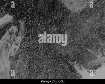 Yunnan, province of China. Grayscale elevation map with lakes and ...