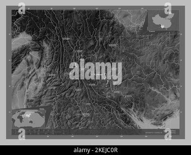 Yunnan, province of China. Grayscale elevation map with lakes and ...