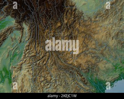Yunnan, province of China. Colored elevation map with lakes and rivers ...