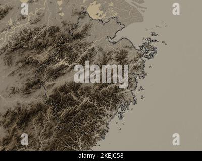 Zhejiang, province of China. Colored elevation map with lakes and ...