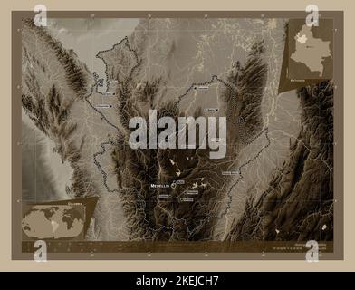 Antioquia, department of Colombia. Colored elevation map with lakes and ...