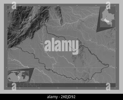 Caqueta, intendancy of Colombia. Grayscale elevation map with lakes and ...