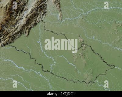 Caqueta, intendancy of Colombia. Colored elevation map with lakes and ...