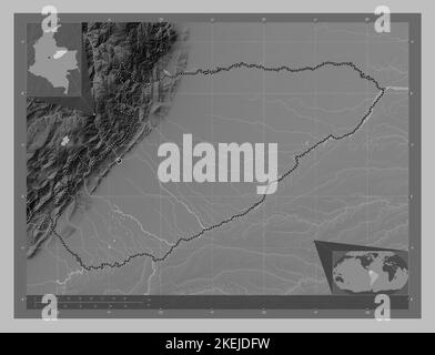 Casanare, intendancy of Colombia. Grayscale elevation map with lakes ...