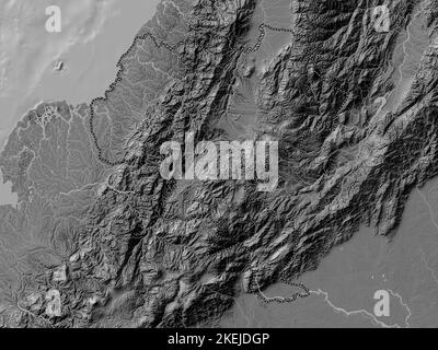 Cauca, department of Colombia. Bilevel elevation map with lakes and ...